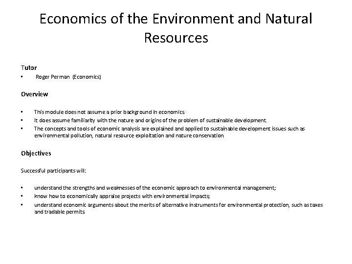 Economics of the Environment and Natural Resources Tutor