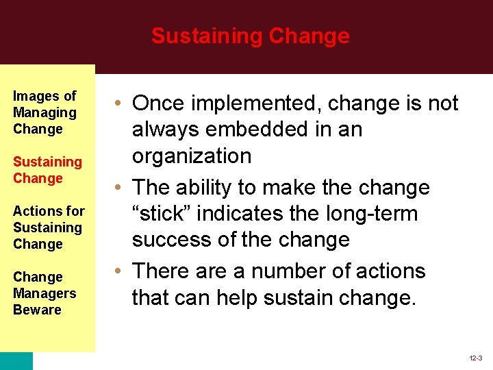 Chapter 12 Sustaining Change Mc GrawHillIrwin Copyright 2009