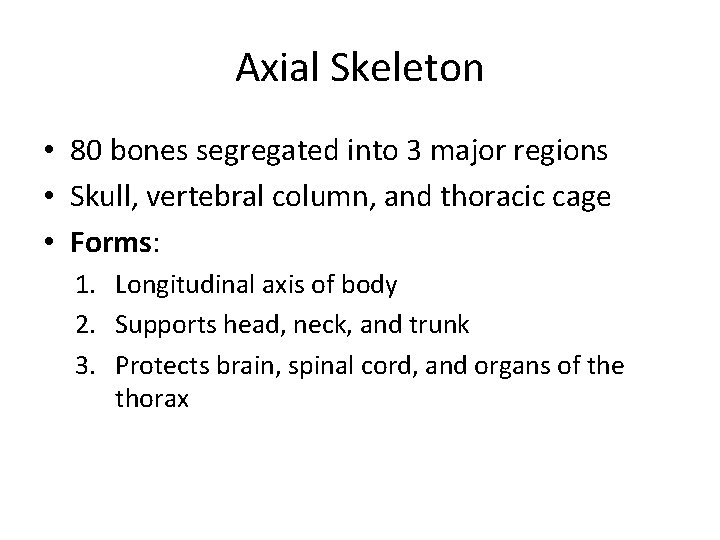 Skull Thoracic cage ribs and sternum Vertebral column