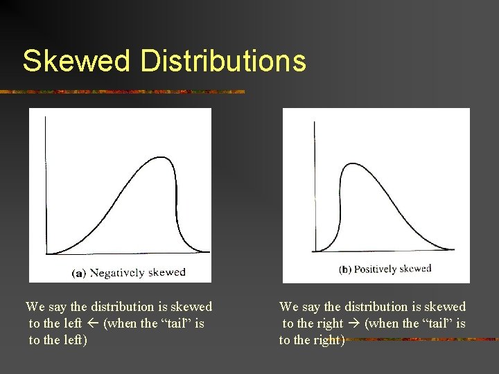 Central Tendency Dispersion n Types of Distributions Normal