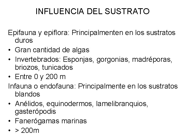 Los organismos del bentos Influencia del sustrato Influencia