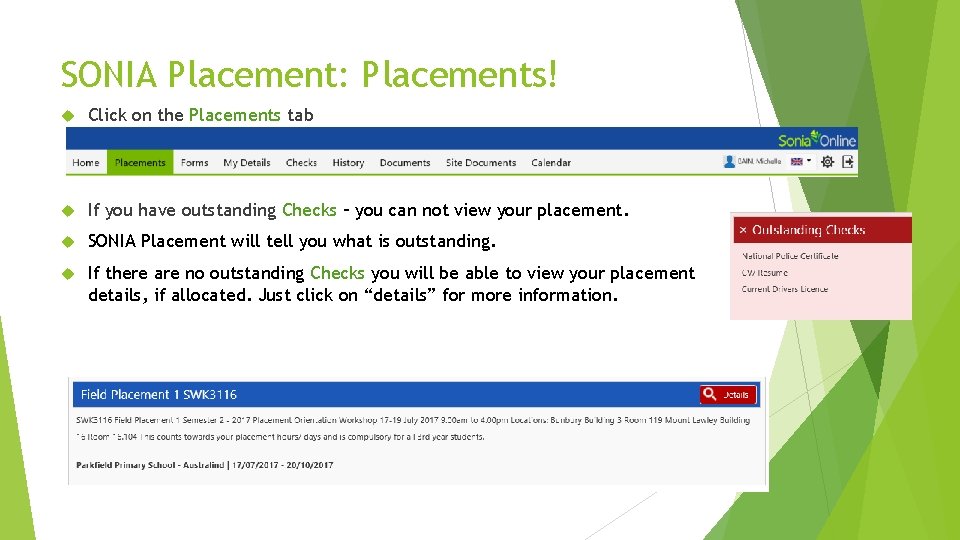 SONIA Placement Welcome to SONIA Placements This database