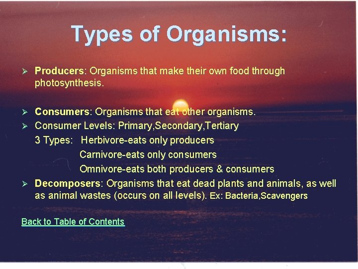 Table of Contents Background Information Types of Organisms