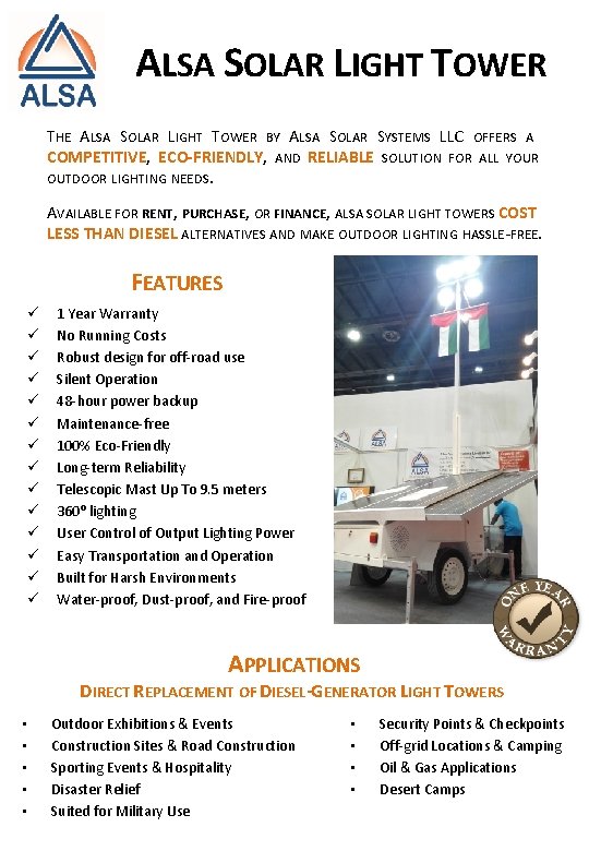 ALSA SOLAR LIGHT TOWER THE ALSA SOLAR LIGHT