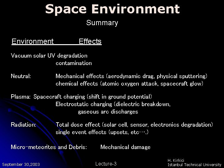 Space Environment Summary Environment Effects Vacuum solar UV
