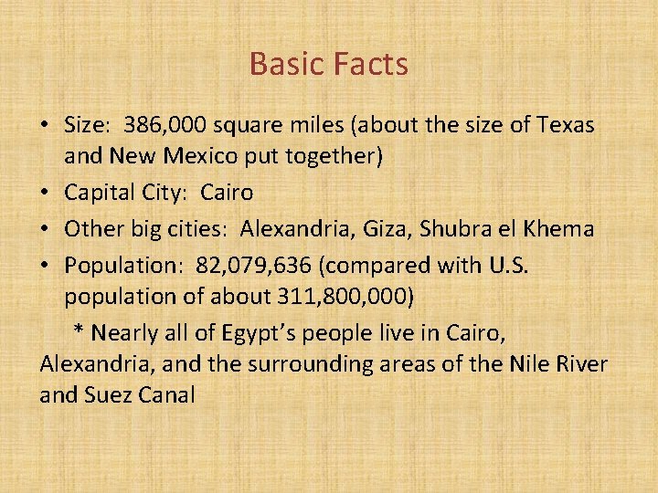 EGYPT Basic Facts Size 386 000 square miles