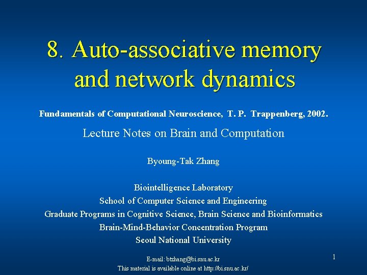 8 Autoassociative memory and network dynamics Fundamentals of