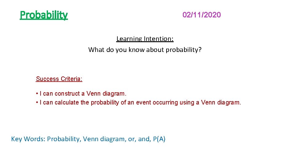 Probability 02112020 Learning Intention What do you know