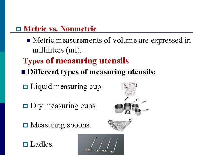 Food preparation equipment p Primary equipment n n