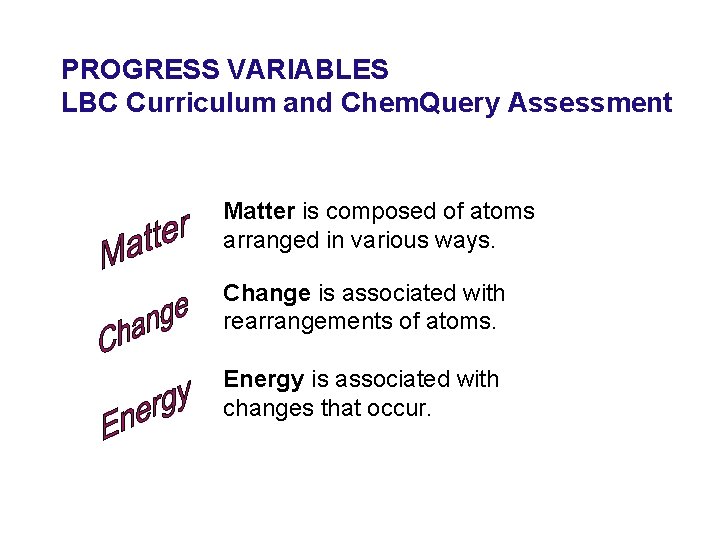 Living by Chemistry Progress Variables Learning Progressions Karen