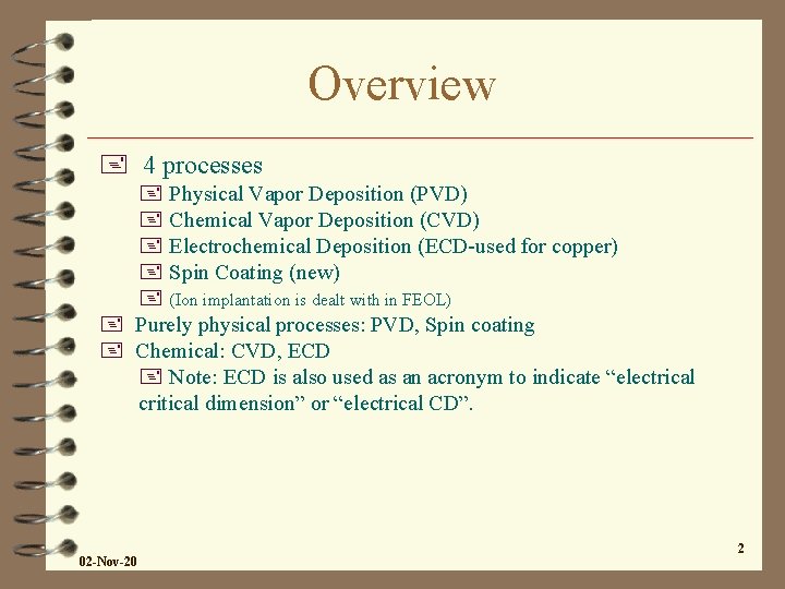 Overview 4 processes Physical Vapor Deposition PVD Chemical