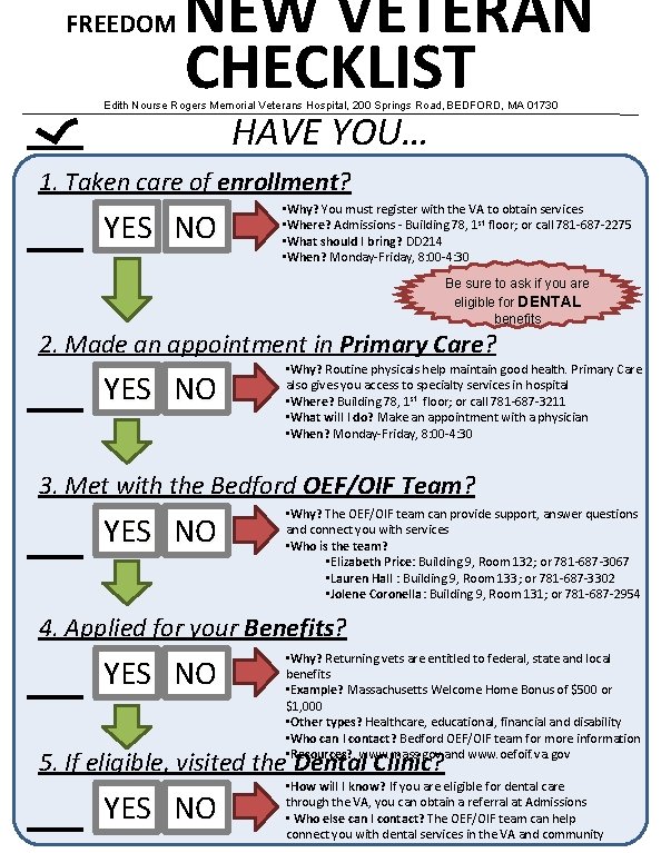FREEDOM NEW VETERAN CHECKLIST Edith Nourse Rogers Memorial
