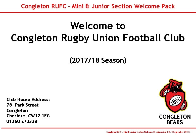 Congleton RUFC Mini Junior Section Welcome Pack Welcome