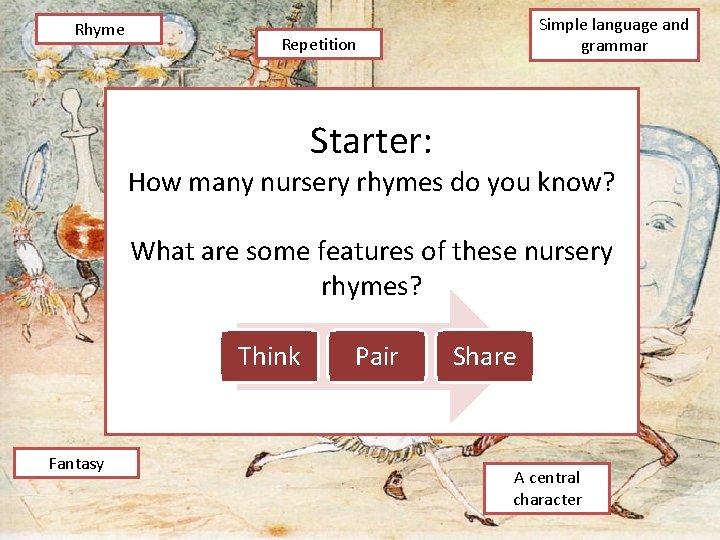 Rhyme Simple language and grammar Repetition Starter How