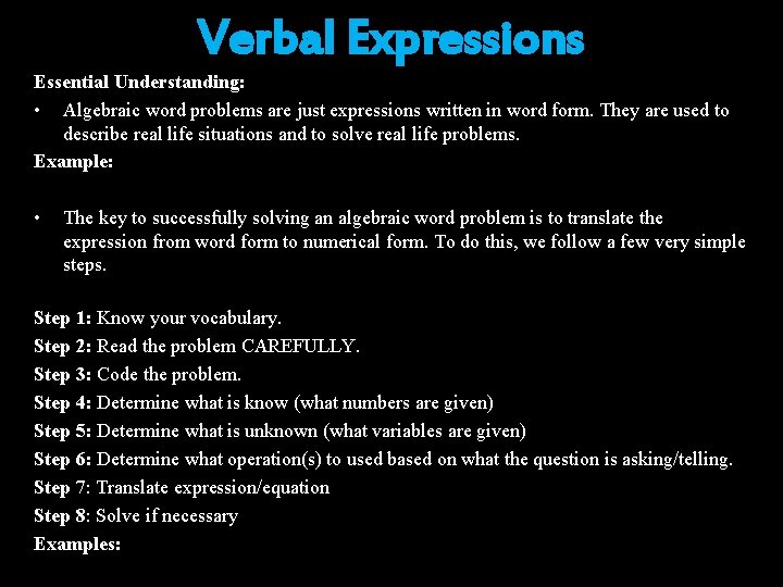 Chapter 5 Expressions part 3 Day 1 Translating