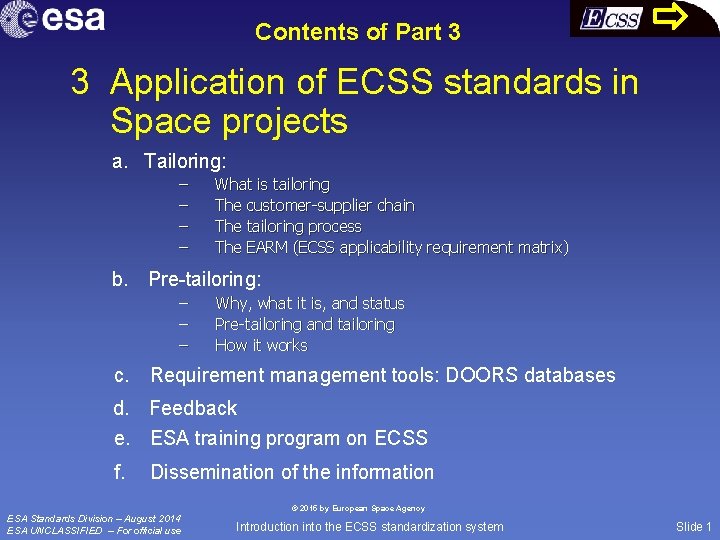 Contents of Part 3 3 Application of ECSS