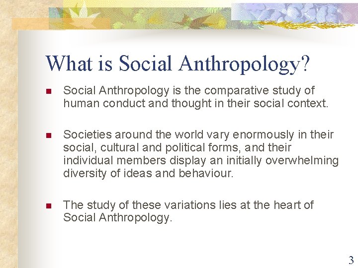 Outlining an anthropological perspective and theories that will
