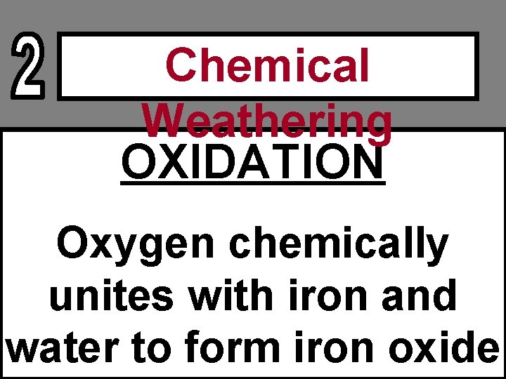 Weathering The breakdown of rocks into small particles