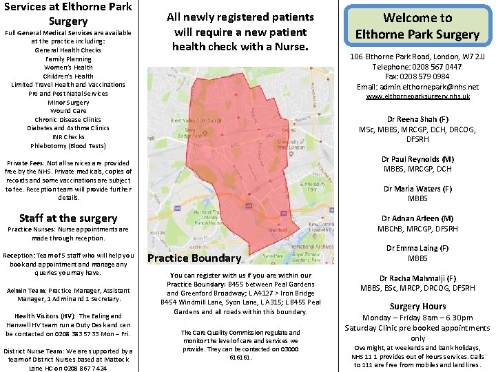 Services at Elthorne Park Surgery Full General Medical