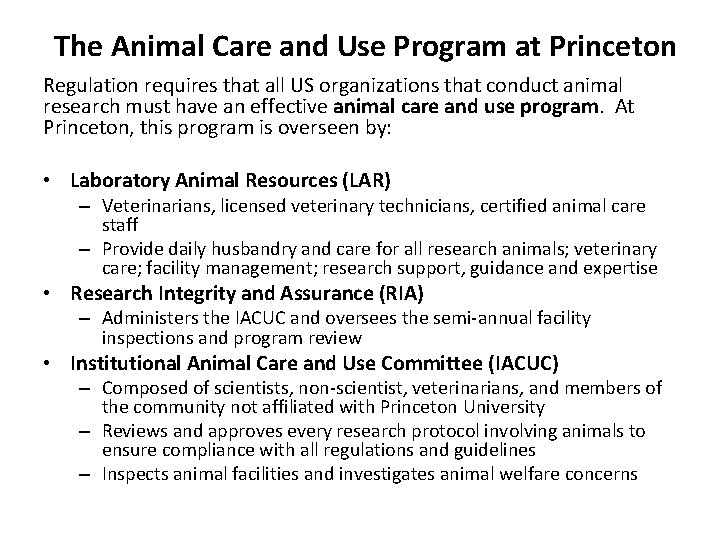 Animal Research at Princeton Prepared by Stuart Leland
