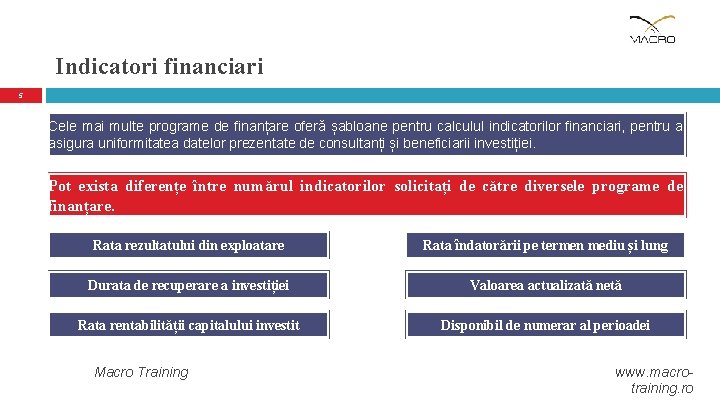 CALCULUL INDICATORILOR FINANCIARI MACRO TRAINING Solutii practice in