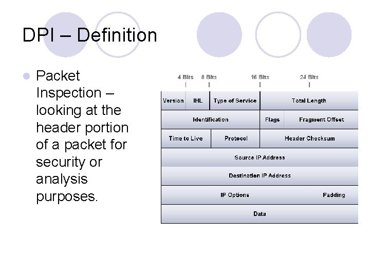 Deep Packet Inspection Deep Packet Inspection l Definition