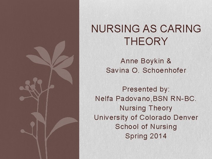NURSING AS CARING THEORY Anne Boykin Savina O