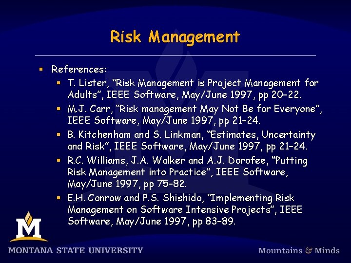 Risk Analysis Risk Management References T Lister Risk