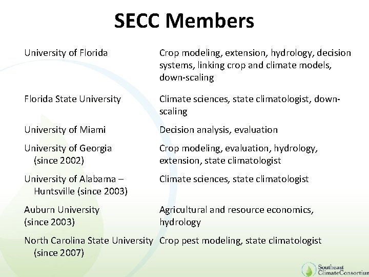 Overview of the SECC mission strategy and programs