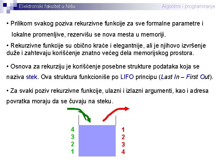 Elektronski fakultet u Niu Algoritmi i programiranje Programski