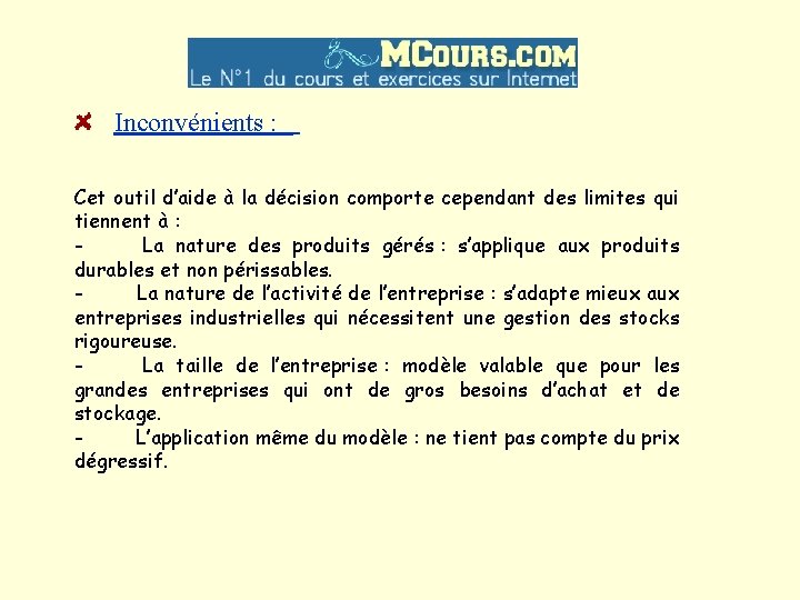 La gestion des stocks Modle de Wilson plan