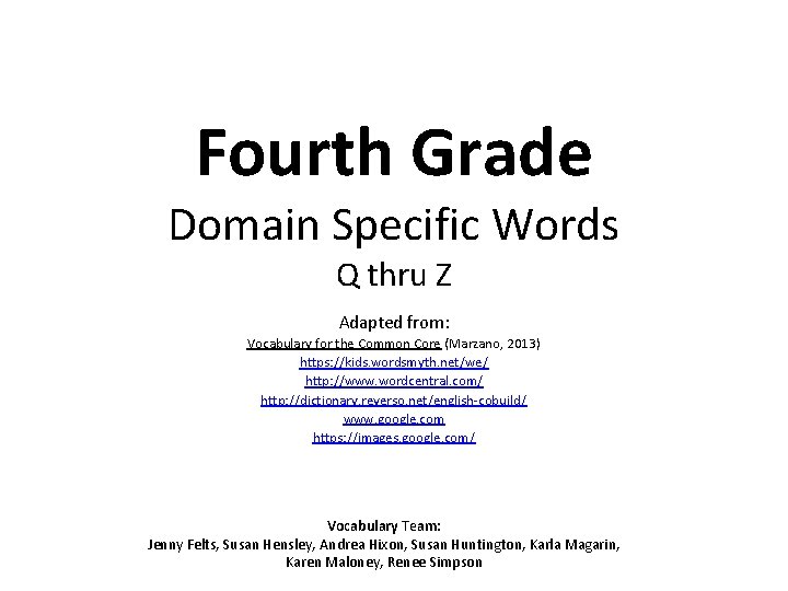Fourth Grade Domain Specific Words Q thru Z