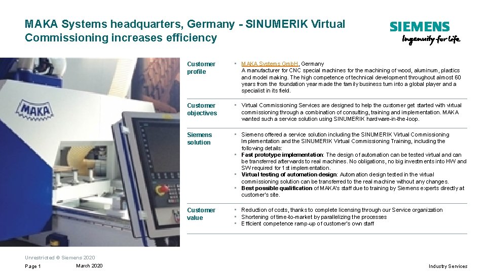 MAKA Systems headquarters Germany SINUMERIK Virtual Commissioning increases