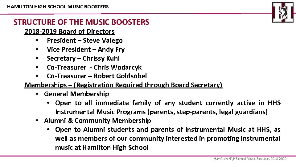 HAMILTON HIGH SCHOOL MUSIC BOOSTERS WELCOME 2018 2019