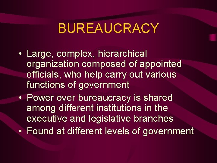 BUREAUCRACY Large complex hierarchical organization composed of appointed