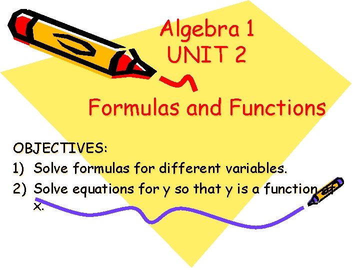 Algebra 1 UNIT 2 Formulas and Functions OBJECTIVES