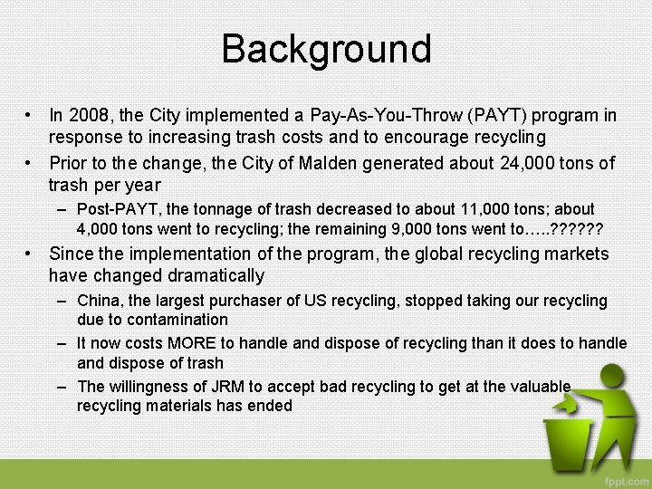 City of Malden Trash and Recycling Background and