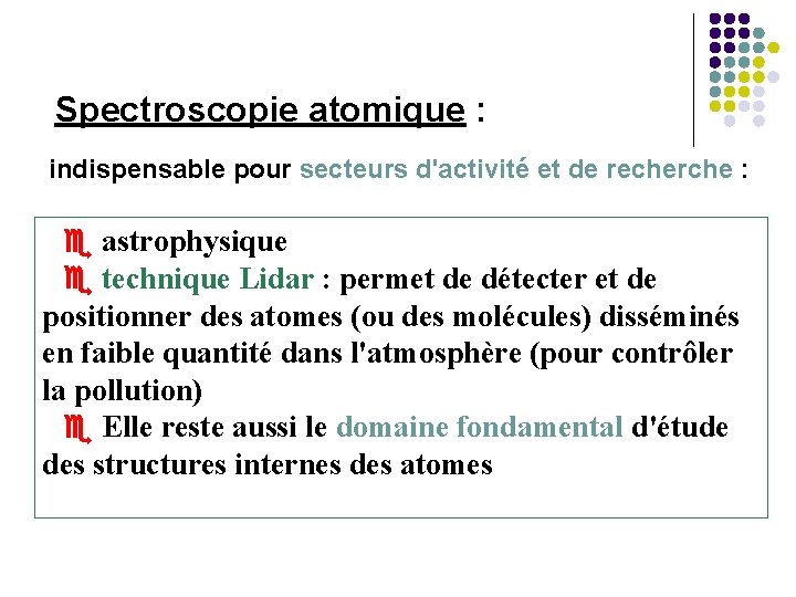 CHAPITRE II SPECTROSCOPIE ATOMIQUE Plan I INTRODUCTION II