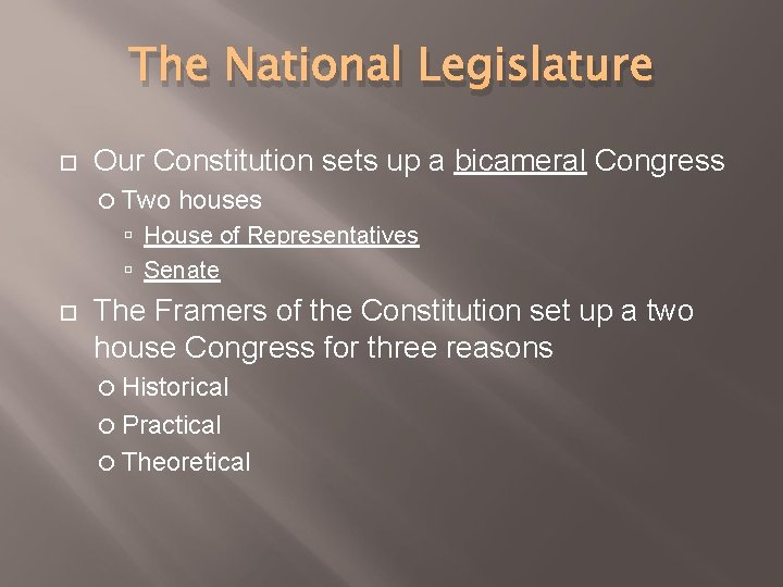 CONGRESS The National Legislature Our Constitution sets up