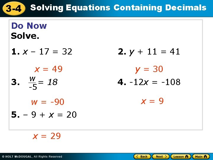 3 4 Solving Equations Containing Decimals Do Now