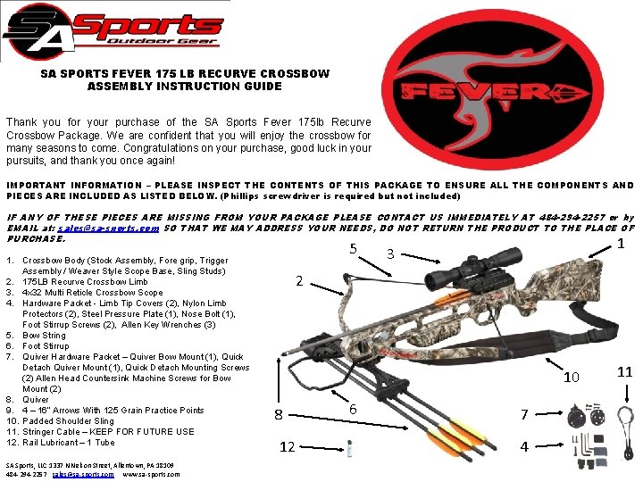 SA SPORTS FEVER 175 LB RECURVE CROSSBOW ASSEMBLY