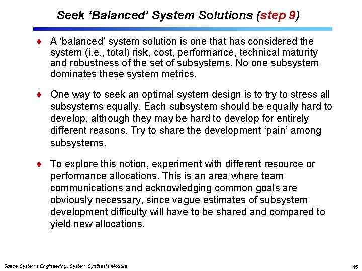 System Synthesis Module Space Systems Engineering version 1
