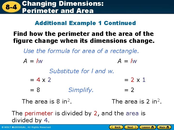 Changing Dimensions 8 4 Perimeter and Area Warm