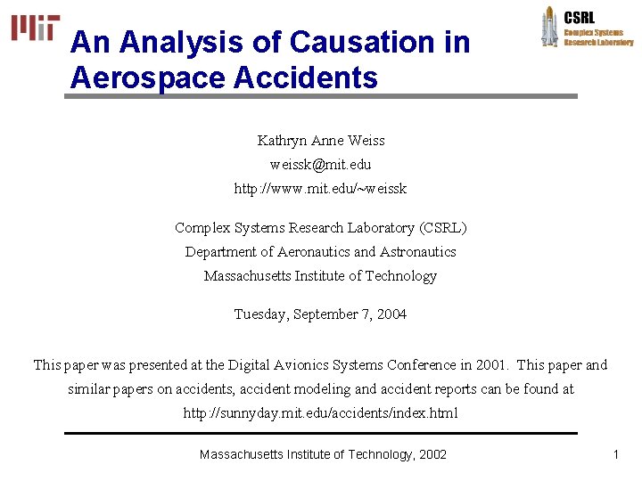 An Analysis of Causation in Aerospace Accidents Kathryn