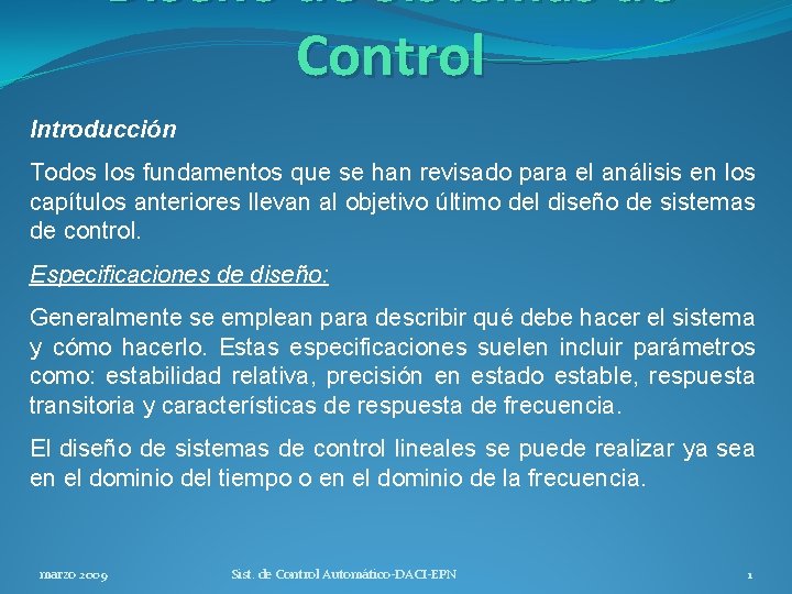 Diseo de Sistemas de Control Introduccin Todos los