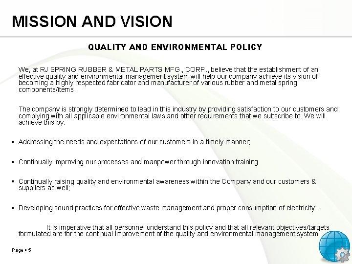 RJ SPRING RUBBER AND METAL PARTS MFG CORP