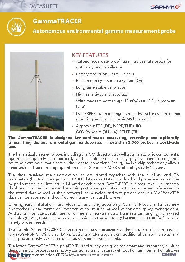 DATASHEET Gamma TRACER Autonomous environmental gamma measurement probe
