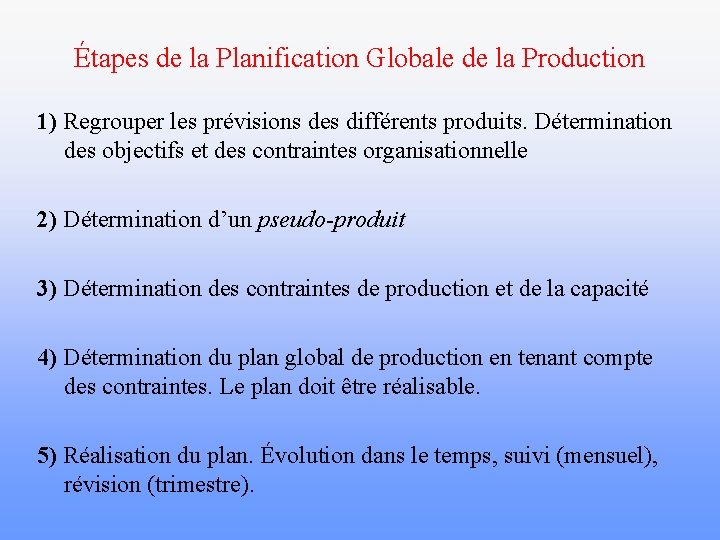 Planification globale de la production Plan du cours