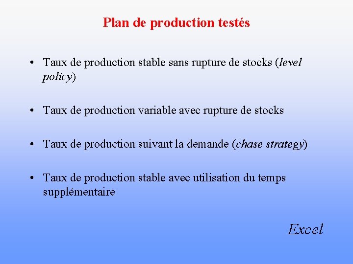 Planification globale de la production Plan du cours