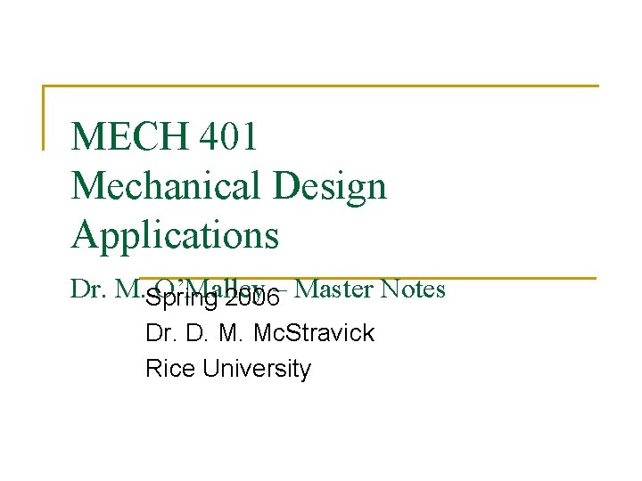 MECH 401 Mechanical Design Applications Dr M Spring